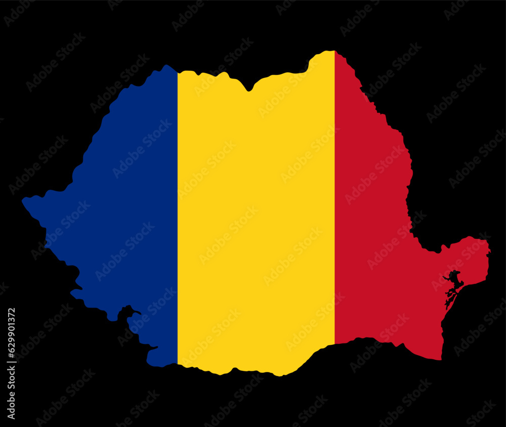 Romania map flag vector silhouette illustration isolated on black background. High detailed ...