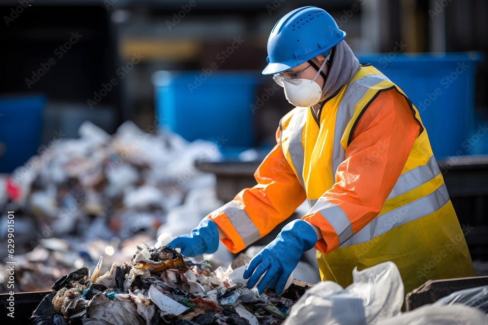 Worker in safety gear meticulously sorting through waste at a modern ...