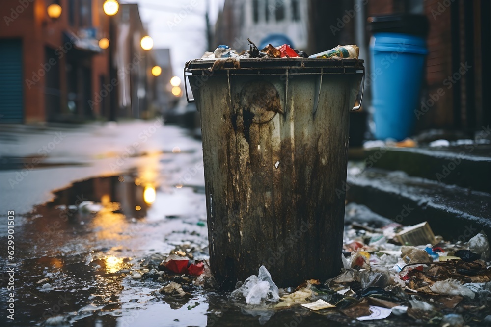 An overflowing garbage can in an urban area, underlining the continual ...