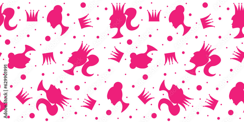 Seamless pattern with Pink girl in crown on white background. Pink doll ...
