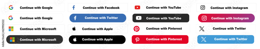 Continue with Google, Facebook, Apple, Youtube buttons set. Isolated ...