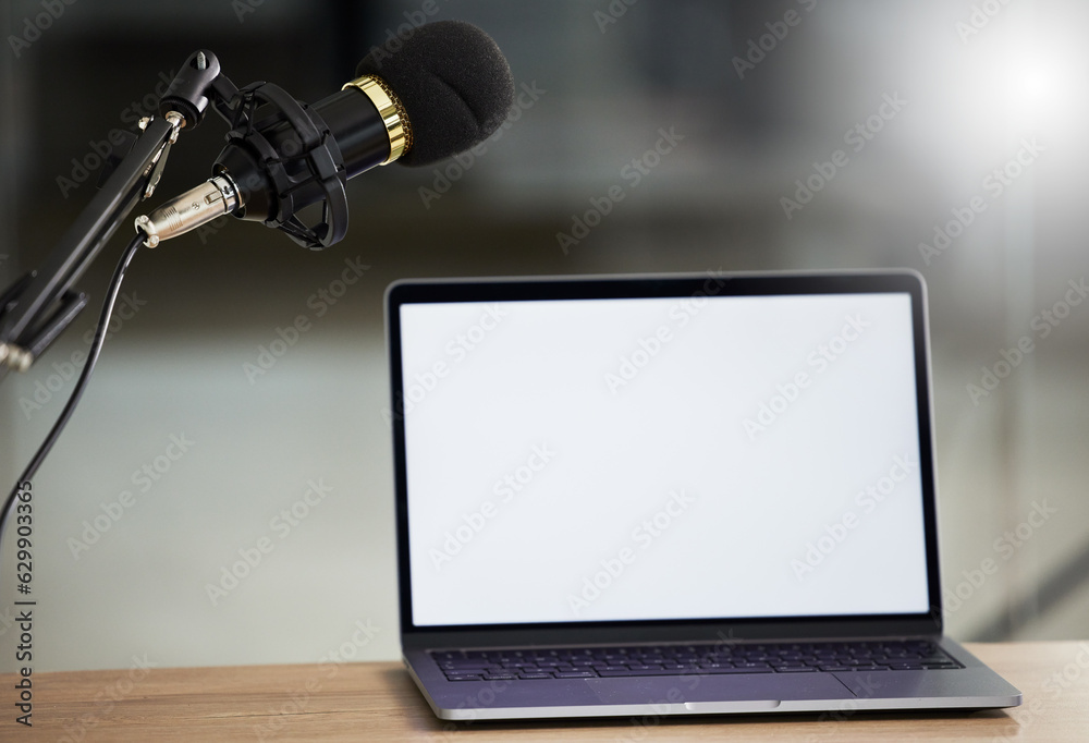 Microphone, laptop mockup and screen with audio, radio or podcast ...