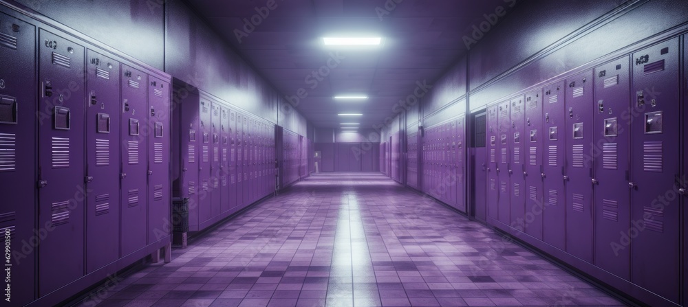 Purple school corridor with student lockers. Generative AI technology ...