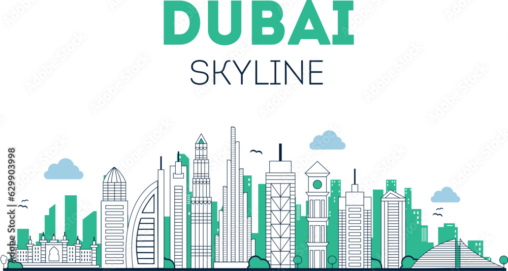 Dubai skyline, single line drawing, flat colors, Dubai Landmarks Stock ...