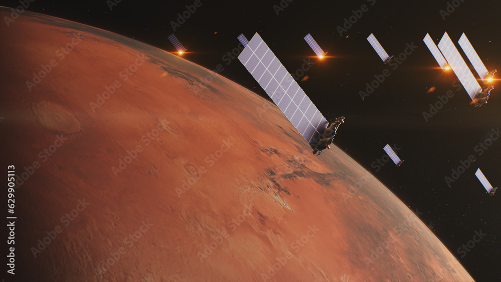 Realistic 3D graphics of Mars spinning in dark outer space. Solar cell ...