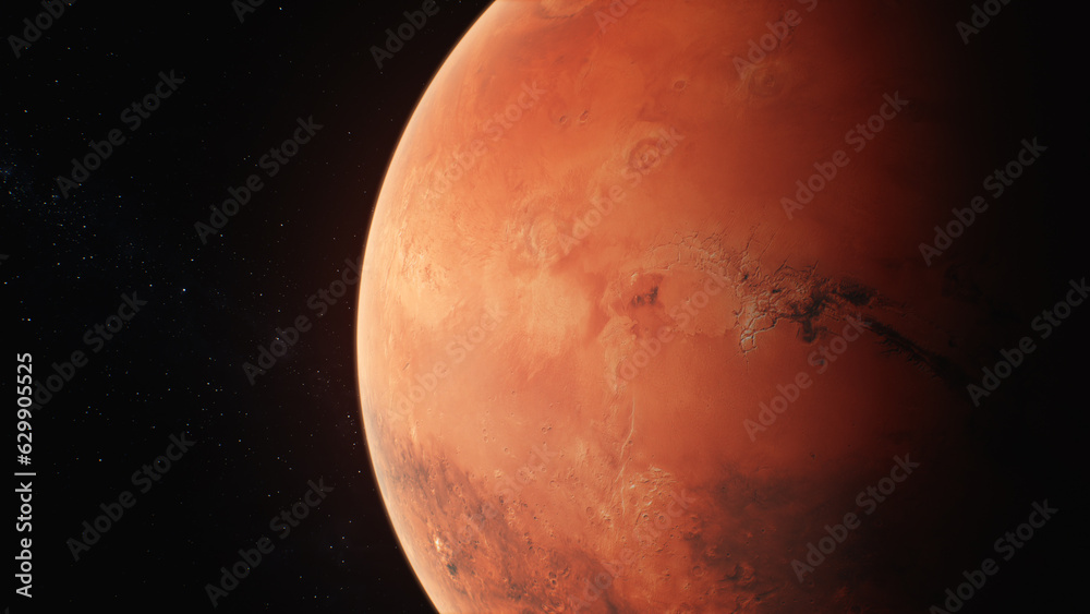 Realistic 3D animation of Mars rotating in dark outer space. Stars ...