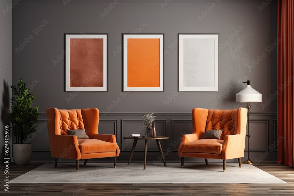 A unique seating room interior design features two canvases over orange ...