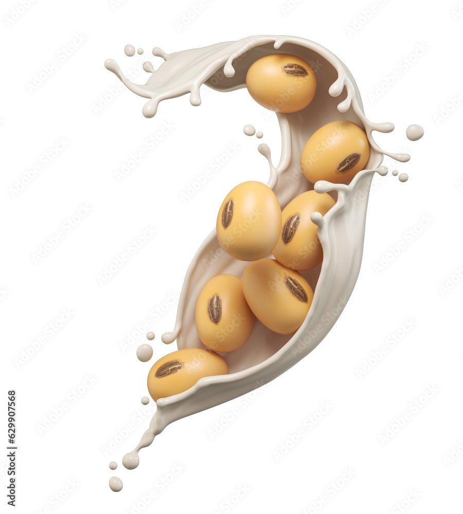 Soy milk pouring and Splash with Soy beans, 3d rendering. Stock Illustration | Adobe Stock