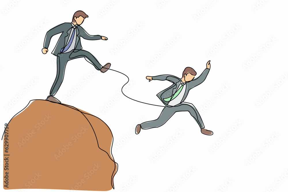 Single one line drawing businessman kick throw male colleague off cliff ...