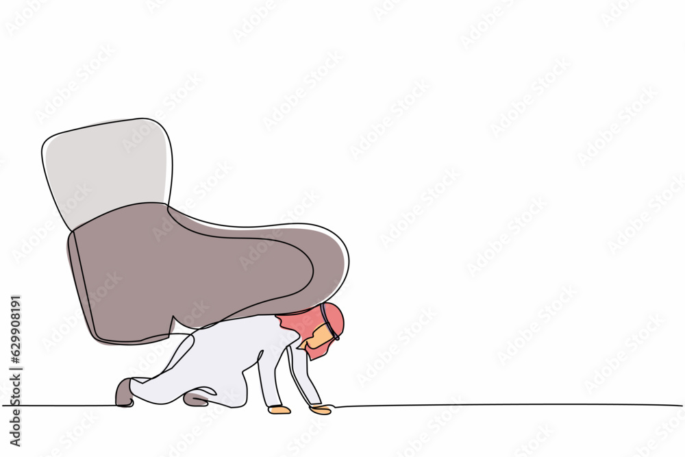 Single one line drawing young Arab businesswoman under giant foot ...