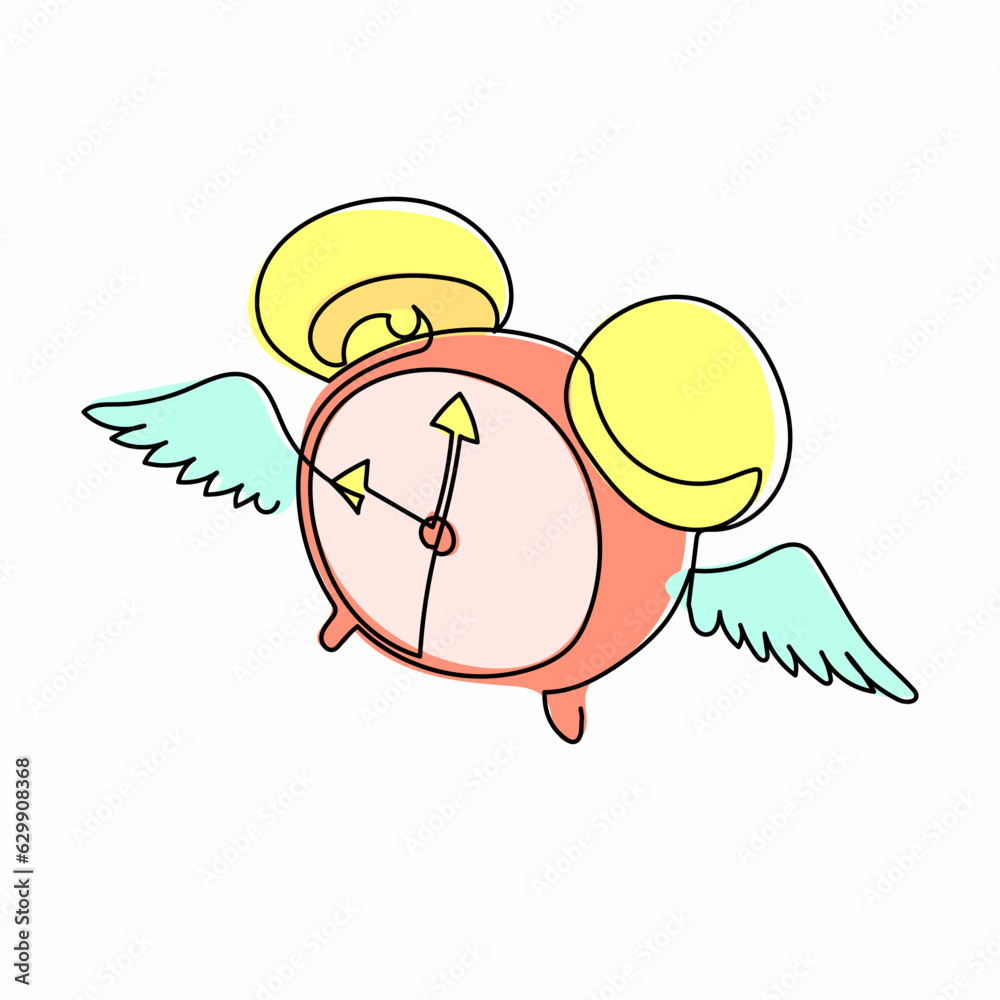 Continuous one line drawing flying alarm clock with wings. Alarm clock ...