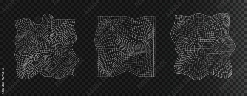Distorted grid shapes isolated. Retrofuturistic warped mesh grid ...