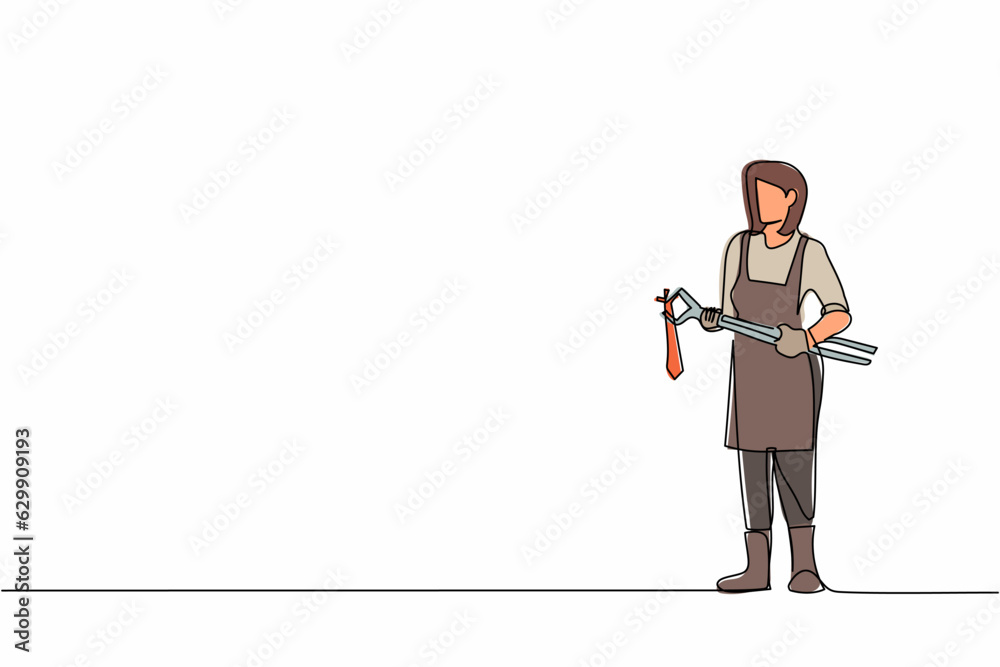 Continuous one line drawing female blacksmith wearing apron standing ...
