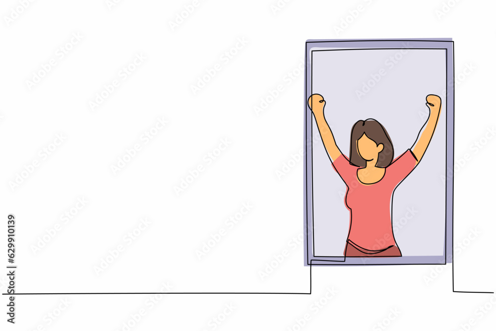 Single continuous line drawing happy woman doing stretching and look ...