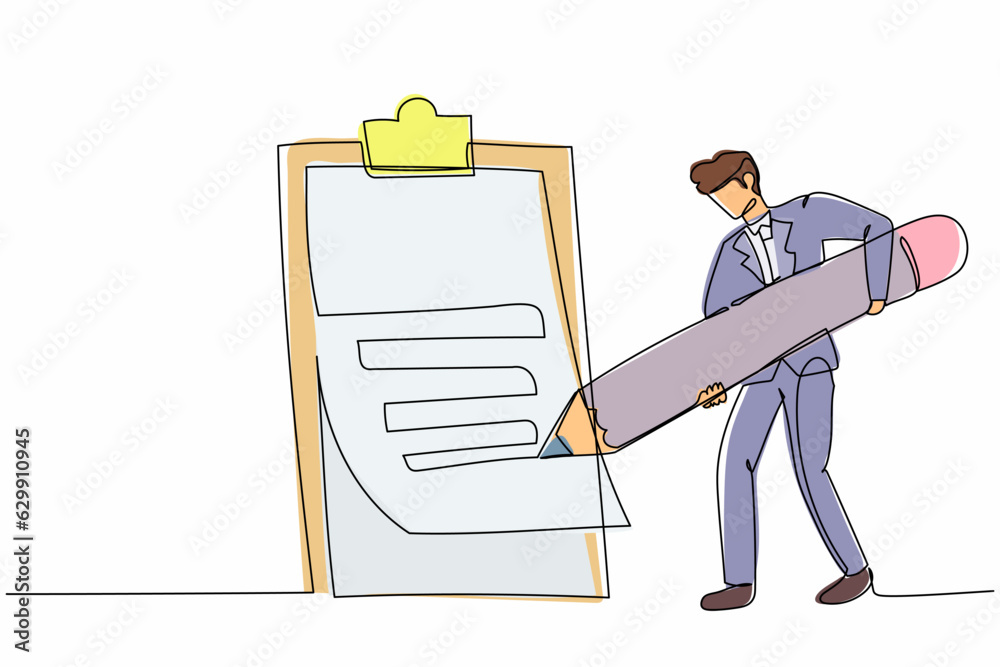 Single one line drawing attractive businessman mark checklist with ...