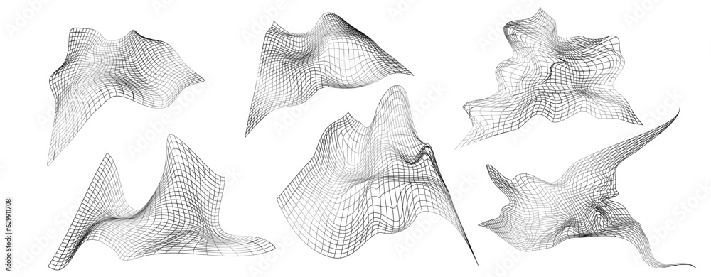 Vetor de Distorted grid shapes isolated. Retrofuturistic warped mesh ...