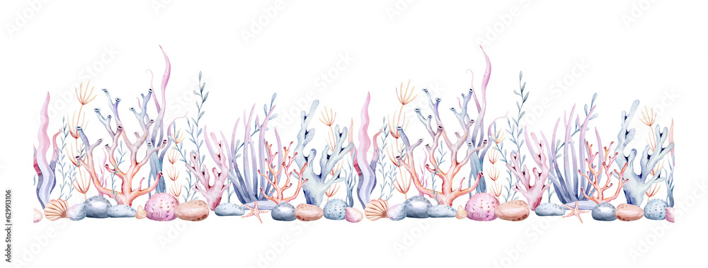 seamless border of sea cartoon animals. Blue watercolor ocean fish ...