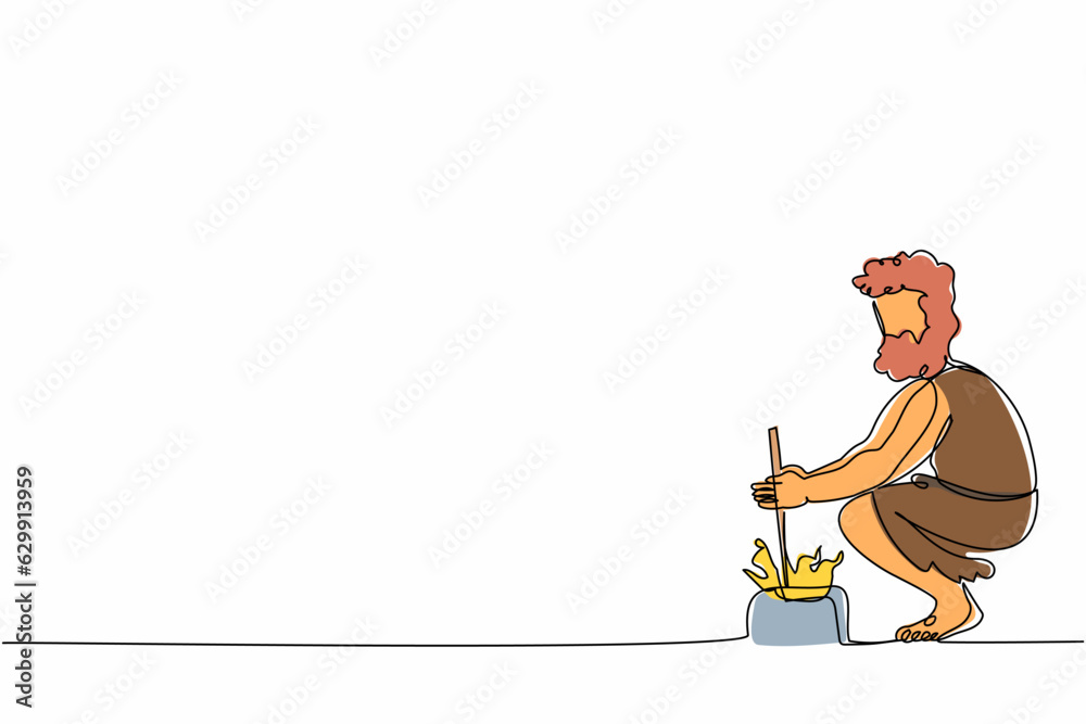 Continuous one line drawing caveman daily activity in cave. Prehistoric ...
