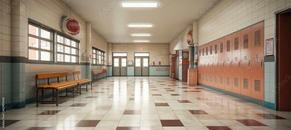 Retro school hallway with line up lockers. Generative AI technology ...