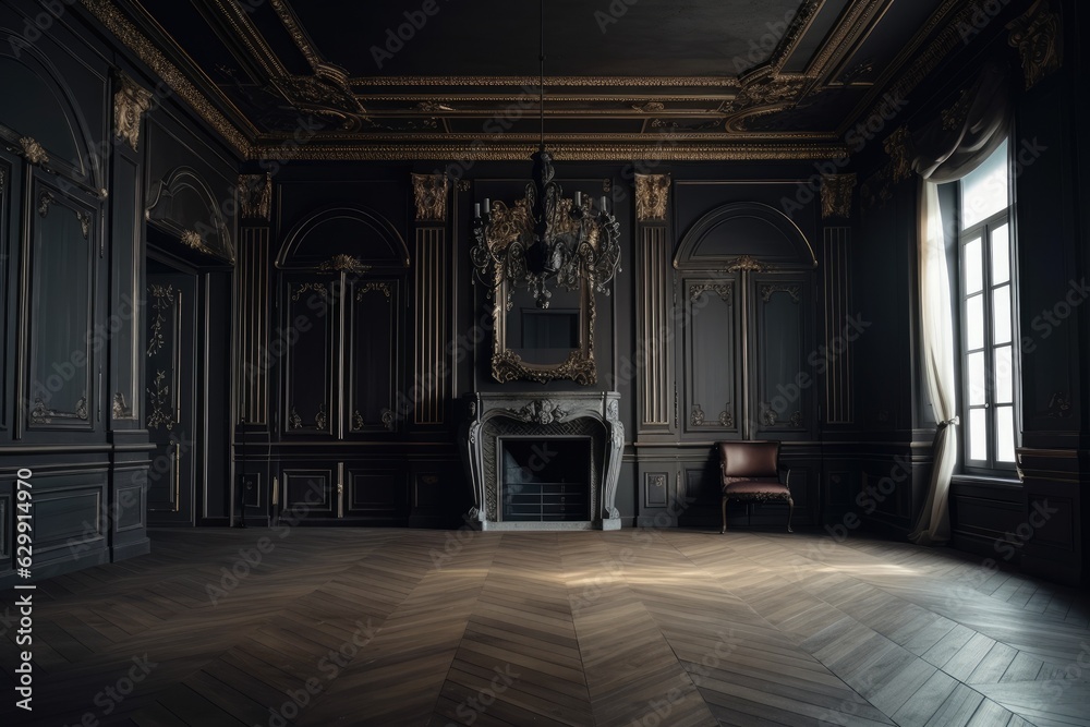 A traditional, opulent, vacant room with a parquet floor and a wall ...