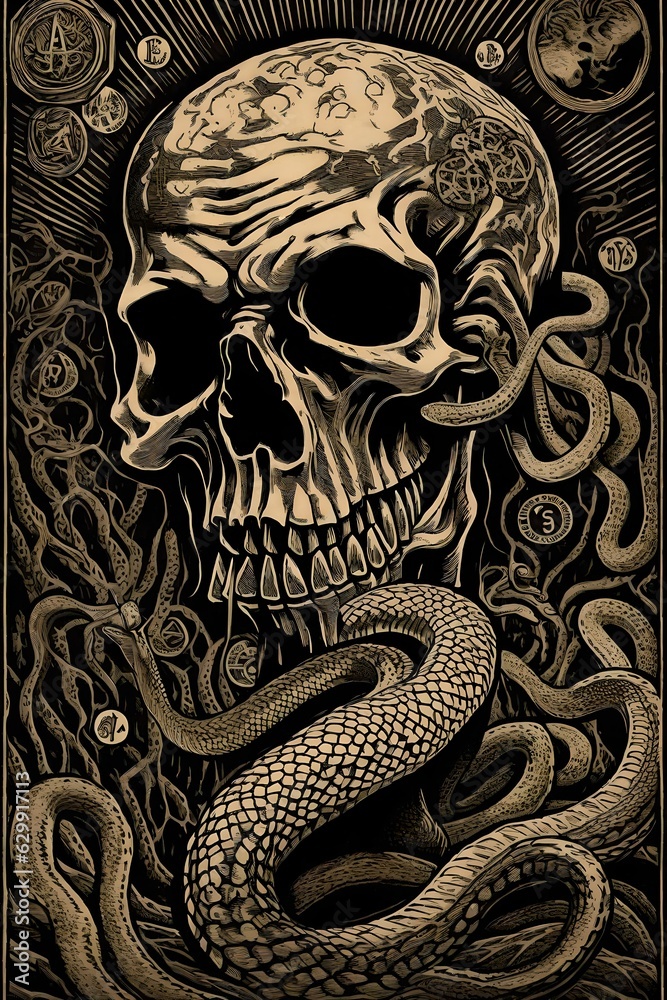 1920s Appalachian Creepy Woodcut print of a snake wrapped around a ...