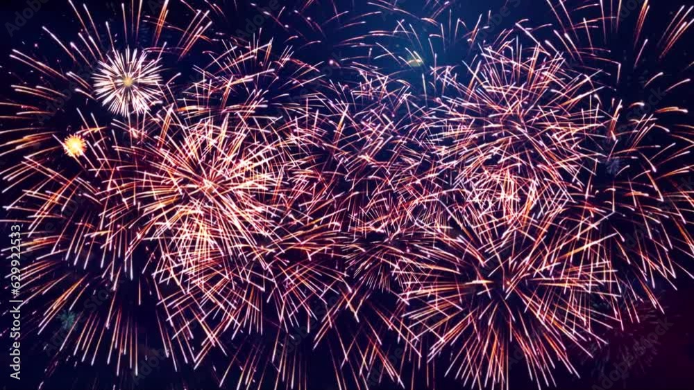 4K Abstract Multicolor golden shining glowing fireworks show bokeh ...