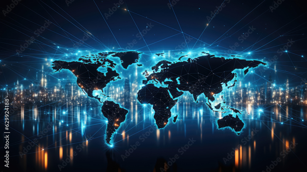 World map with glowing lines and dots on dark background. created by ...
