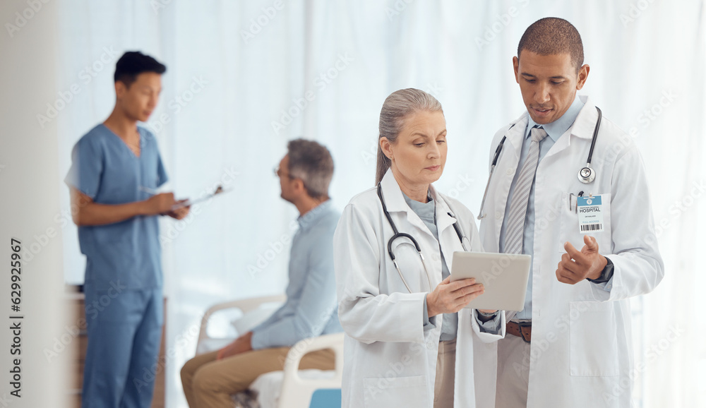 Doctors, team and man with woman and tablet, medical test results and ...