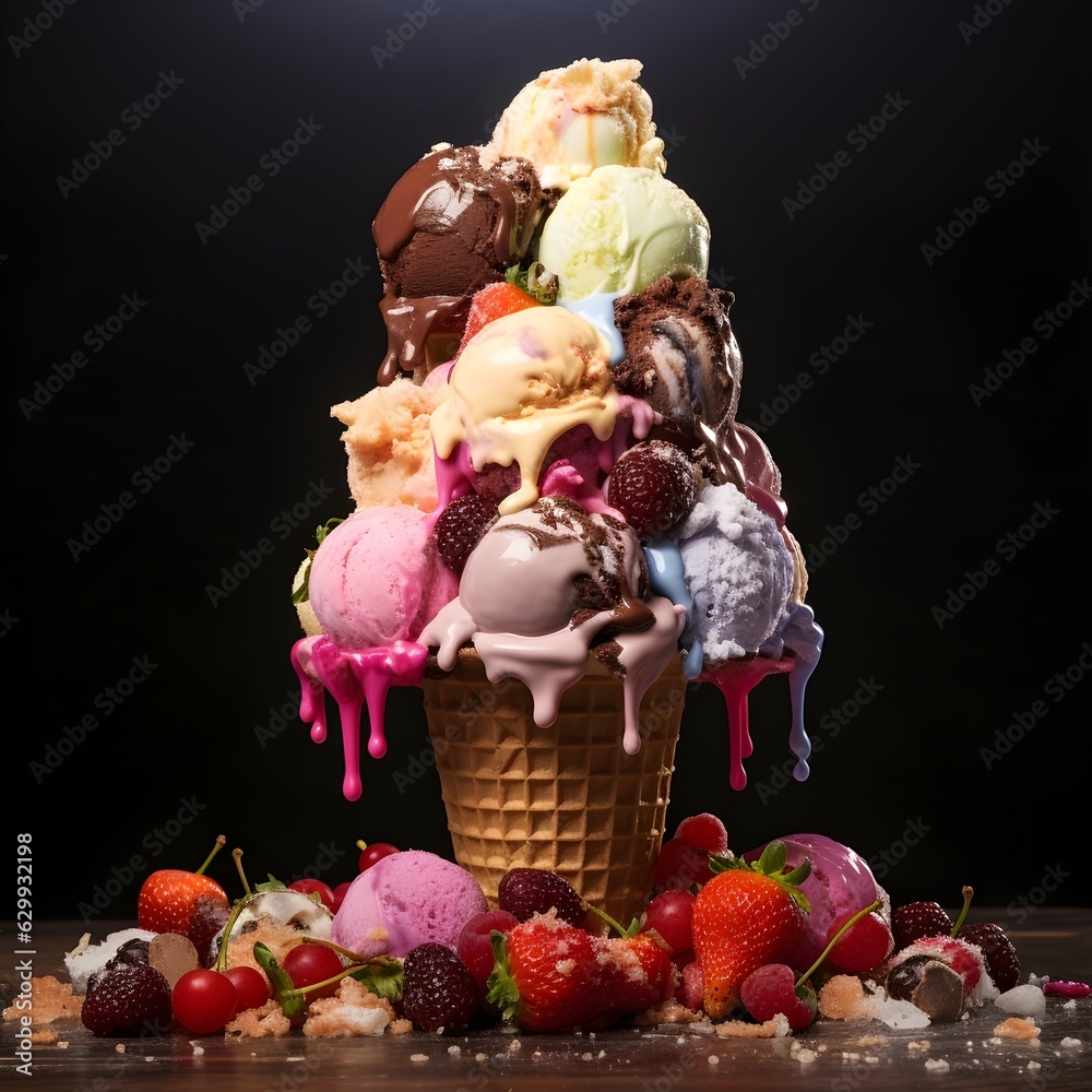 An overloaded ice cream cone. AI generated . Stock Photo | Adobe Stock