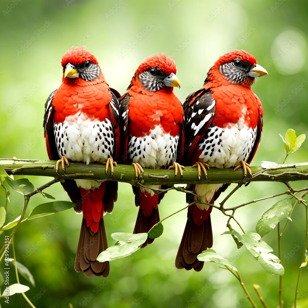 triple red brids with white spots and brown wings perching together on ...