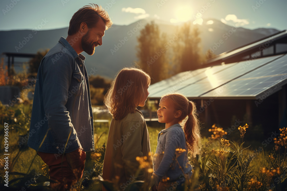 Man shows his kids and family the solar panels on the plot near the ...