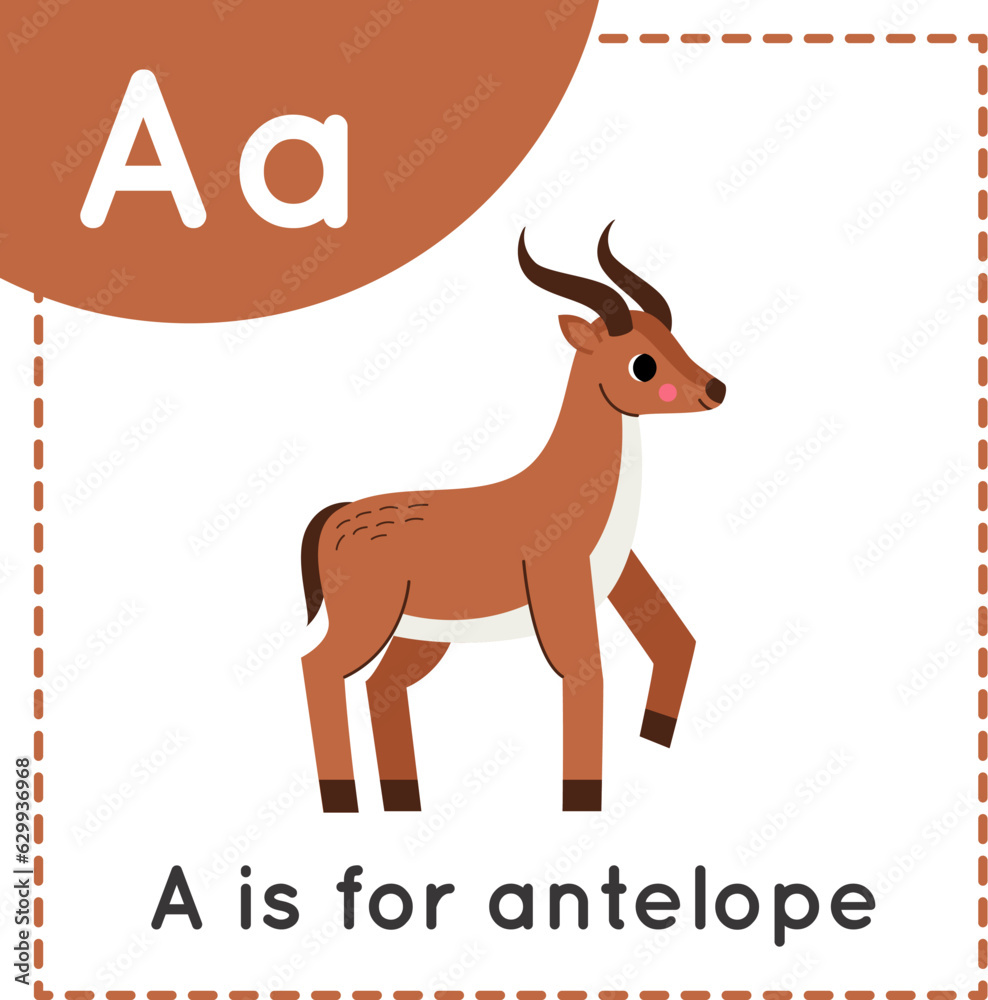 Learning English alphabet for kids. Letter A. Cute cartoon antelope ...