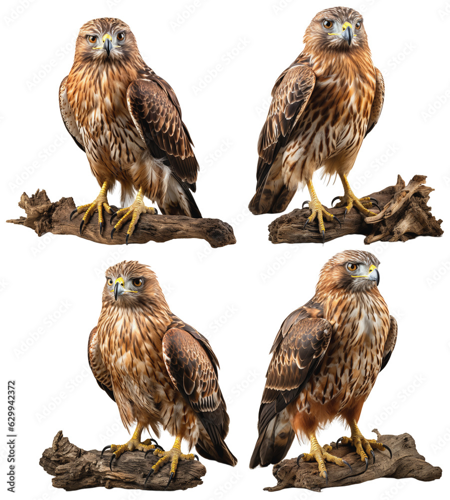 four images of a hawk sitting on a branch on a transparent background ...