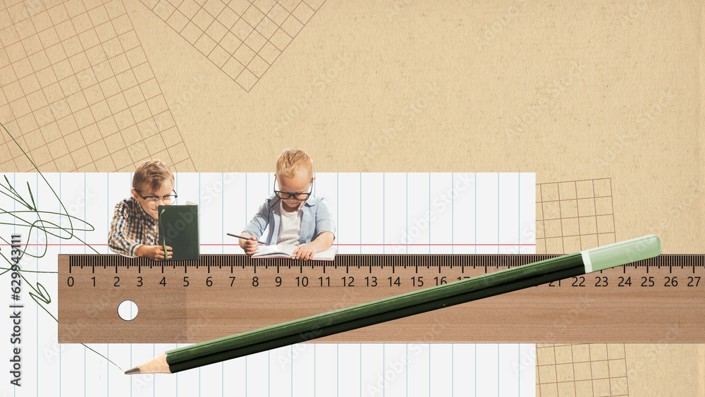 Conceptual art collage. Little boys, children doing math homework ...