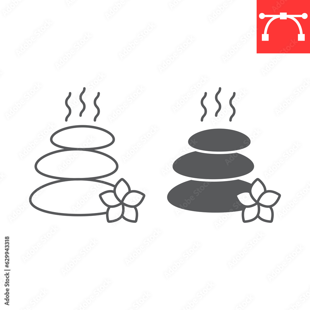 Hot stone massage line and glyph icon, SPA and beauty salon, spa stones ...