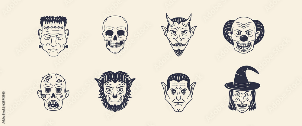 Halloween characters set. Skull, Devil, Old Witch, Vampire, Monster ...