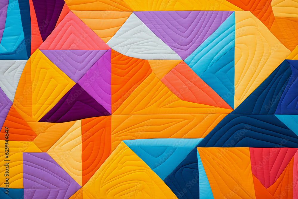 Dynamic quilt pattern, bright bold colors, intricate stitching, jumbled ...