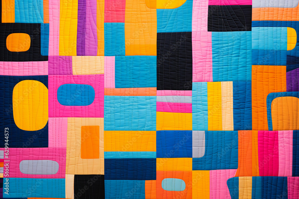 Dynamic quilt pattern, bright bold colors, intricate stitching, jumbled ...