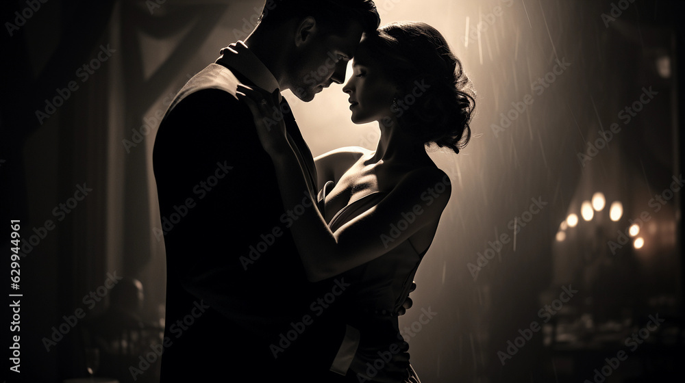 Intimate couple in the middle of a dance, spotlight, ballroom setting ...
