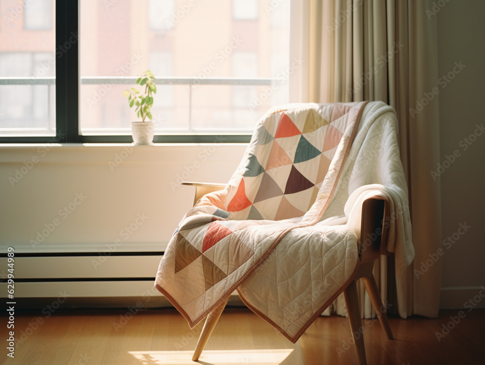 Mid - century modern quilt draped over a minimalist, Scandinavian ...