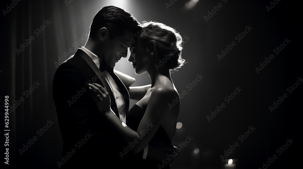 Intimate couple in the middle of a dance, spotlight, ballroom setting, dramatic tension Stock ...