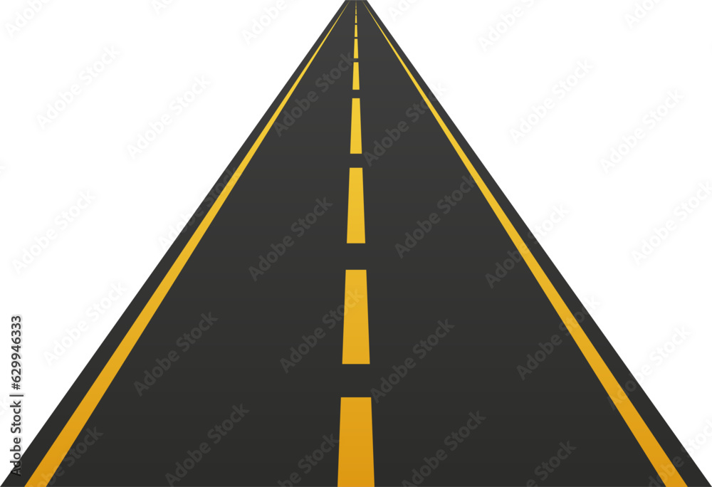 Straight asphalt road with yellow markings. Roadway trip symbol ...
