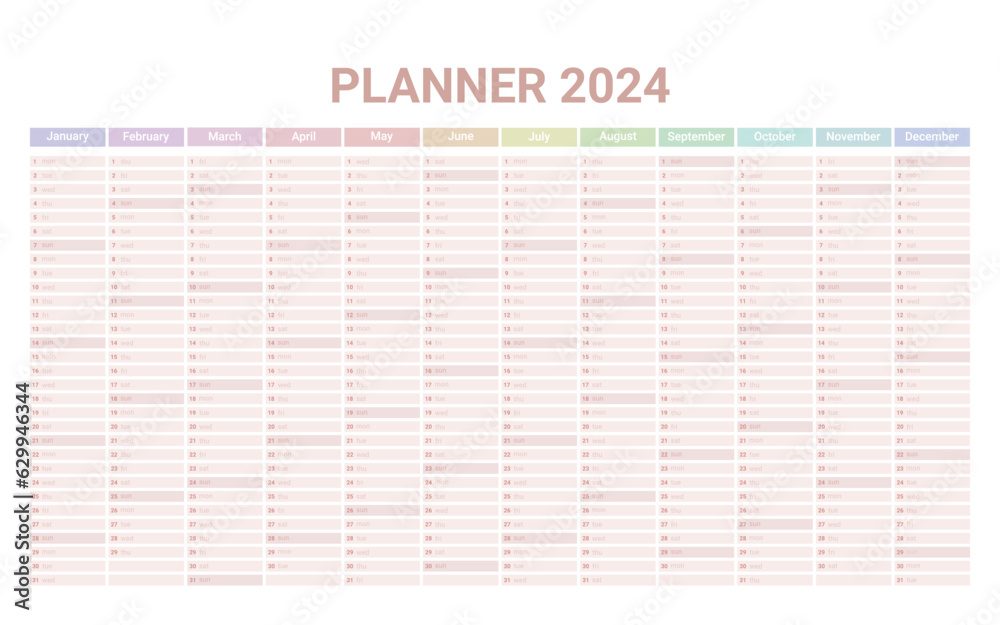Planner English calendar of 2024 year, template schedule calender with ...