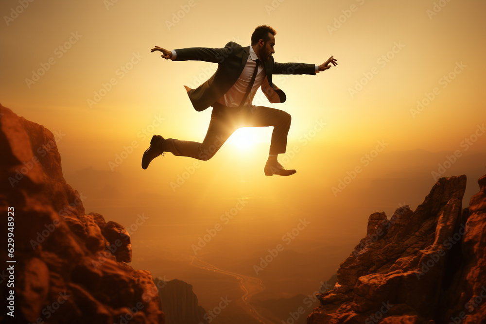 Man in business suit taking a leap of faith by jumping from cliff to ...