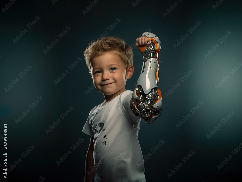 Proud little kid showing his prosthetic bionic arm. Generative AI ...