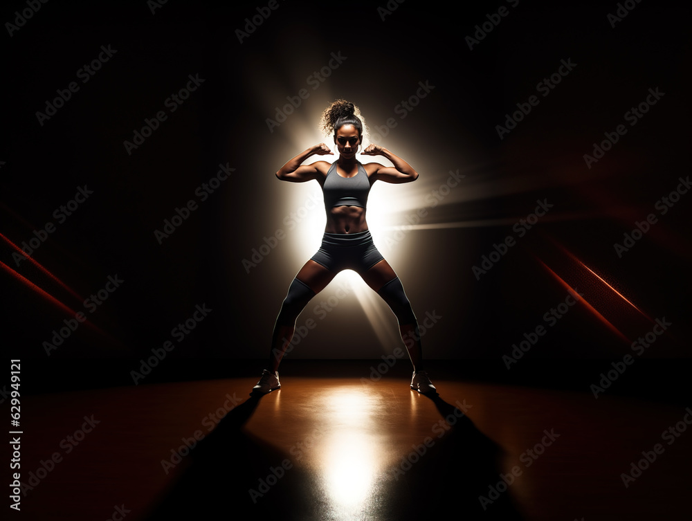 Full body of strong fitness woman flexing muscles in front of bright ...