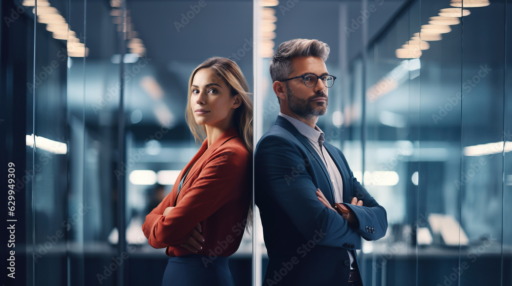 Confident business partners standing back to back in office, Generative ...