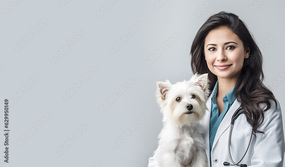 Veterinarian woman doctor and dog in a veterinary clinic. Banner ...