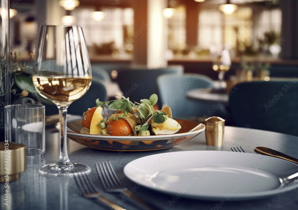 Fine dining restaurant table with glass of wine and fresh meal.AI ...