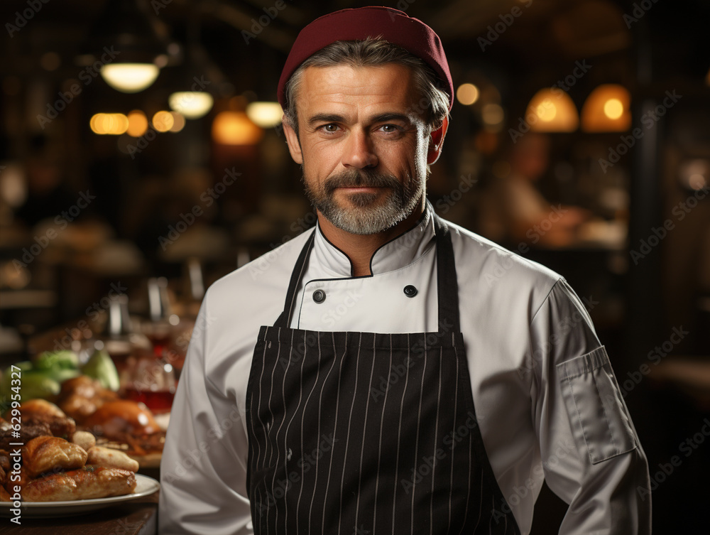 Chef: Wearing a pristine chef's uniform, the chef stands confidently ...